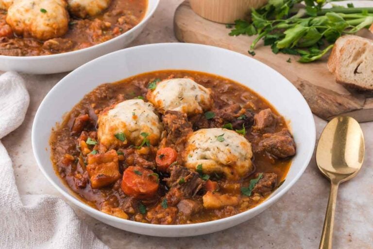 Beef Stew with Homemade Dumplings - Mighty Mrs