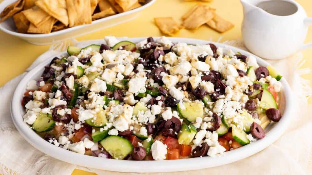 7-Layer Greek Hummus Dip - Mighty Mrs | Super Easy Recipes